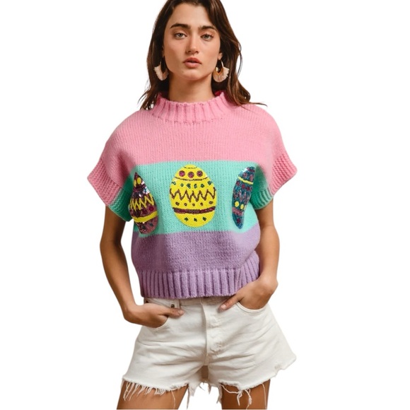 BiBi | Sweaters | Bibi Easter Eggs Sequin Embroidery Rib Banded ...